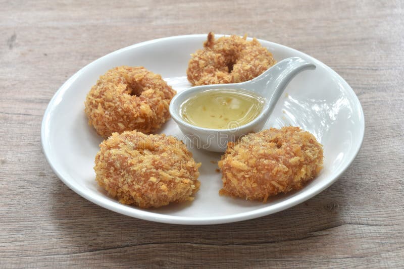 Crispy Fried Mashed Shrimp Cake Coating Flake Bread and Flour on Plate ...