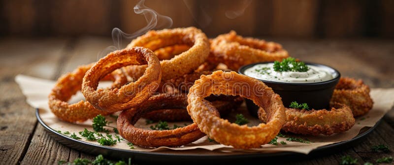 Crispy Fried Onion Rings with Creamy Dip Stock Photo - Image of allium ...