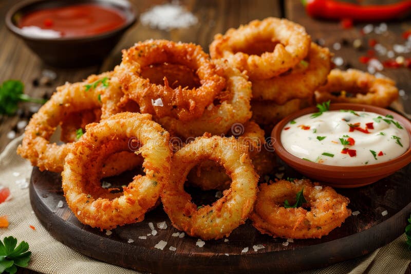 Crispy Fried Onion Rings with Dipping Sauces on Wooden Table Stock ...