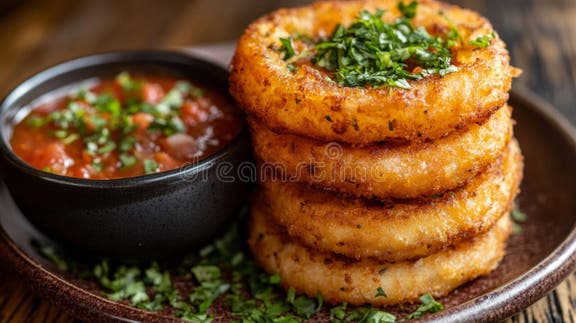 Crispy Fried Onion Rings with Salsa Stock Illustration - Illustration ...