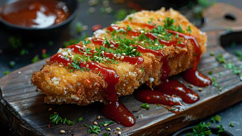 Crispy Fried Pork Cutlets with Ketchup and Sesame Seeds Stock ...