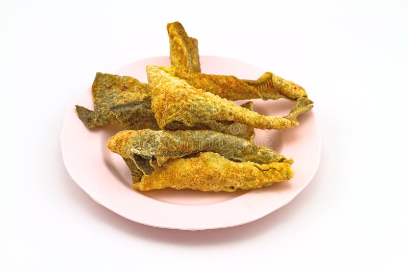 Crispy Fried Salmon Skin in Pink Dish Stock Image - Image of asia ...
