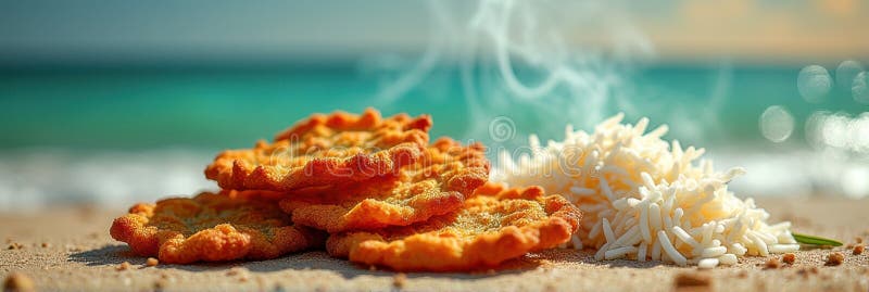 Crispy Fried Snacks and Rice on Sunlit Beach Sand by Turquoise Ocean ...