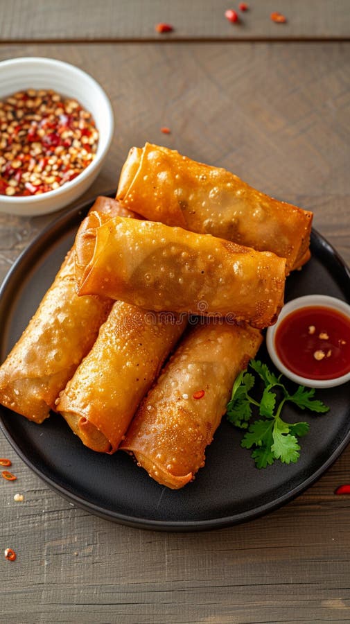 Crispy Fried Spring Rolls Served with Savory Dipping Sauce Stock ...
