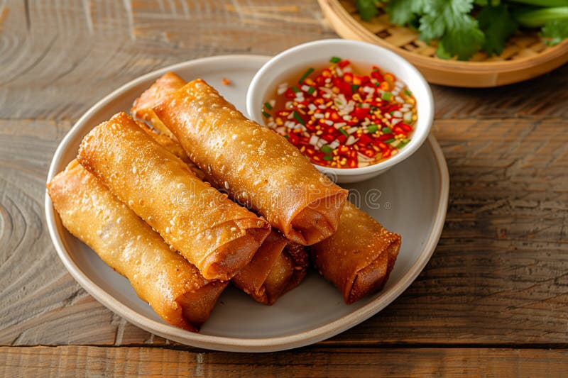 Crispy Fried Spring Rolls Served with Savory Dipping Sauce Stock ...