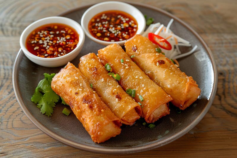 Crispy Fried Spring Rolls Served with Savory Dipping Sauce Stock ...