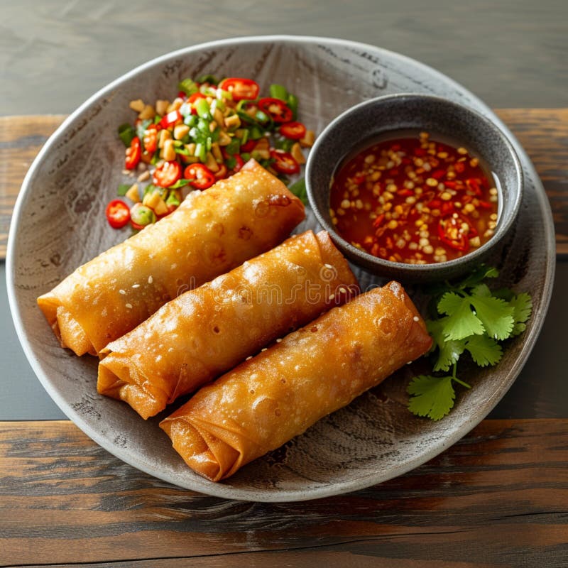 Crispy Fried Spring Rolls Served with Savory Dipping Sauce Stock ...