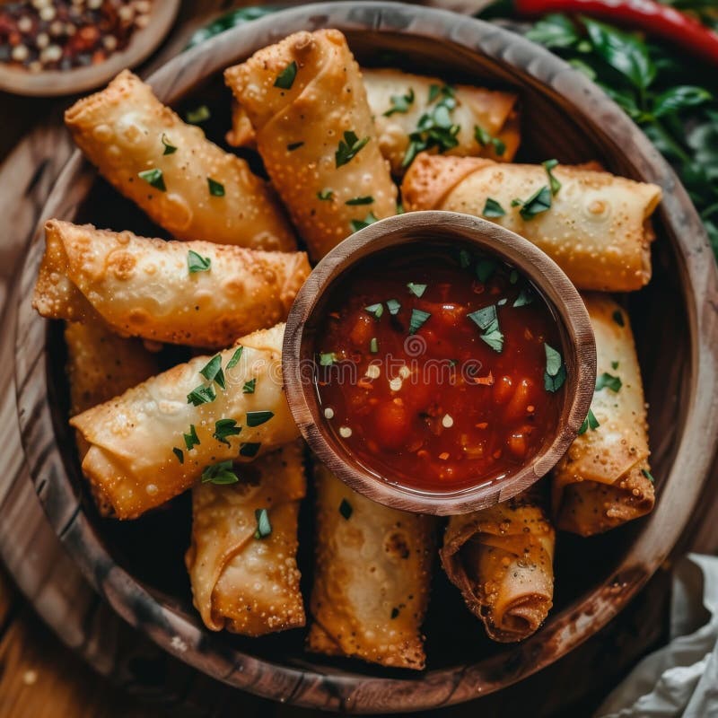 Crispy Fried Spring Rolls with Spicy Salsa Dip, Appetizer Platter on ...