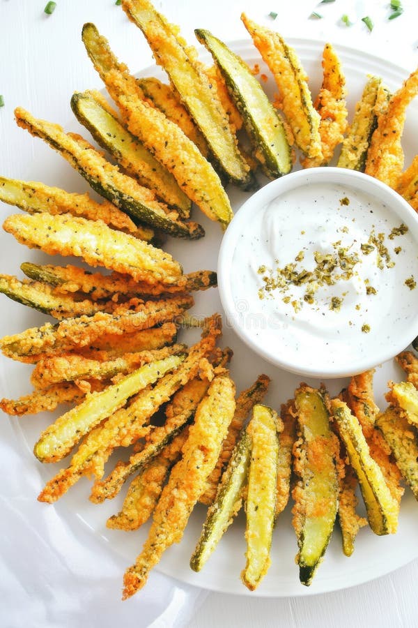 Crispy Fried Zucchini Sticks with Creamy Dipping Sauce on White Plate ...