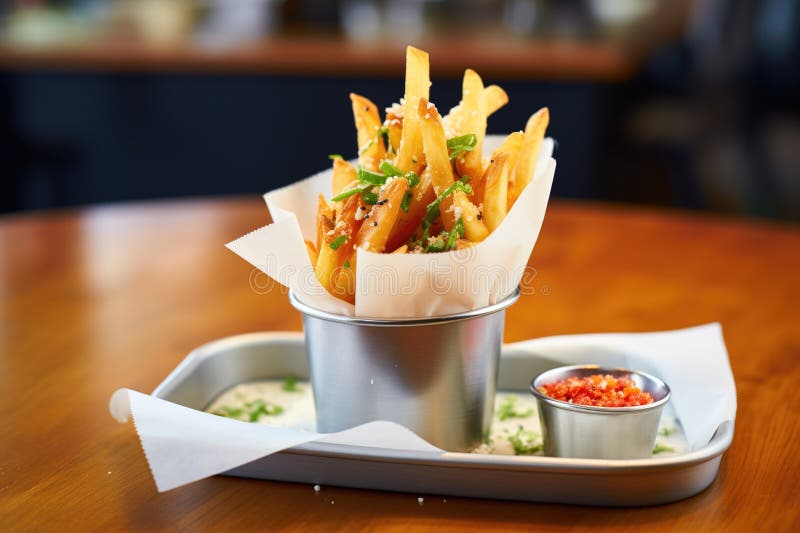 Crispy Fries in a Paper Cone on a Tray Stock Image - Image of comfort ...