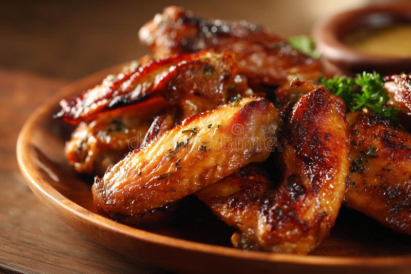 Crispy Glazed Chicken Wings on Wooden Plate Stock Photo - Image of ...