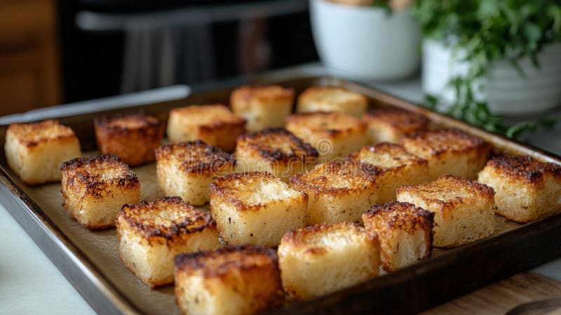 Crispy Golden Brown Croutons on Baking Sheet Stock Illustration ...