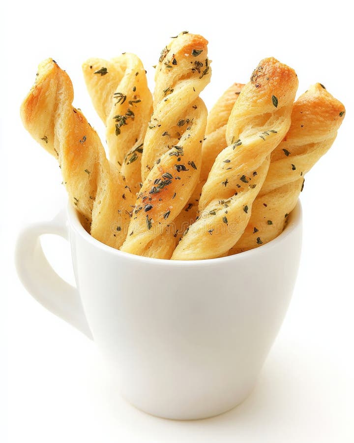 Crispy, Golden Brown Twisted Garlic Breadsticks in a White Cup Stock ...