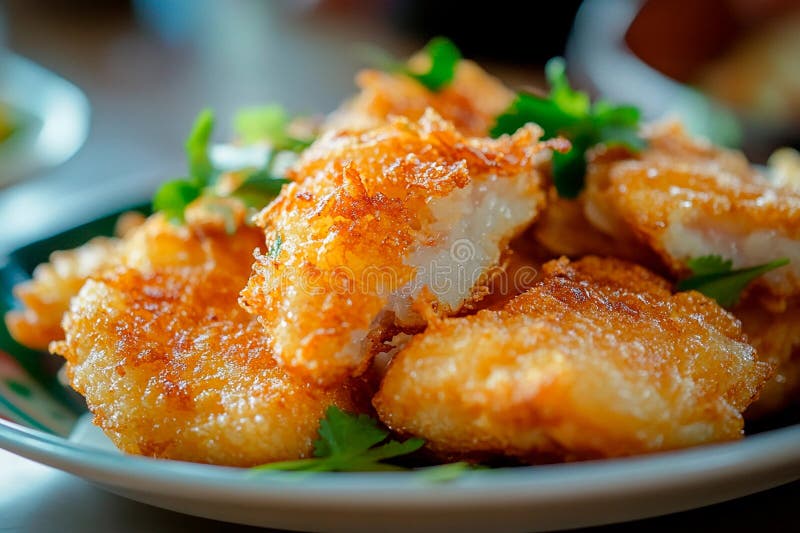 Crispy Golden Delight of Fried Fish Bites Garnished with Fresh Herbs in ...