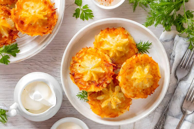 Crispy Golden Draniki Served with Fresh Herbs and Creamy Sauce, a ...