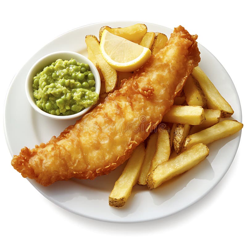 Crispy Golden Fish and Chips with Mushy Peas and Tartar Sauce Stock ...