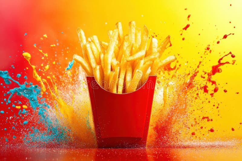 Golden Crispy French Fries in a Red Container Surrounded by Colorful ...