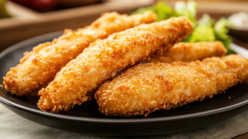 Crispy Golden Fried Fish Sticks on Black Plate with Fresh Greens Stock ...