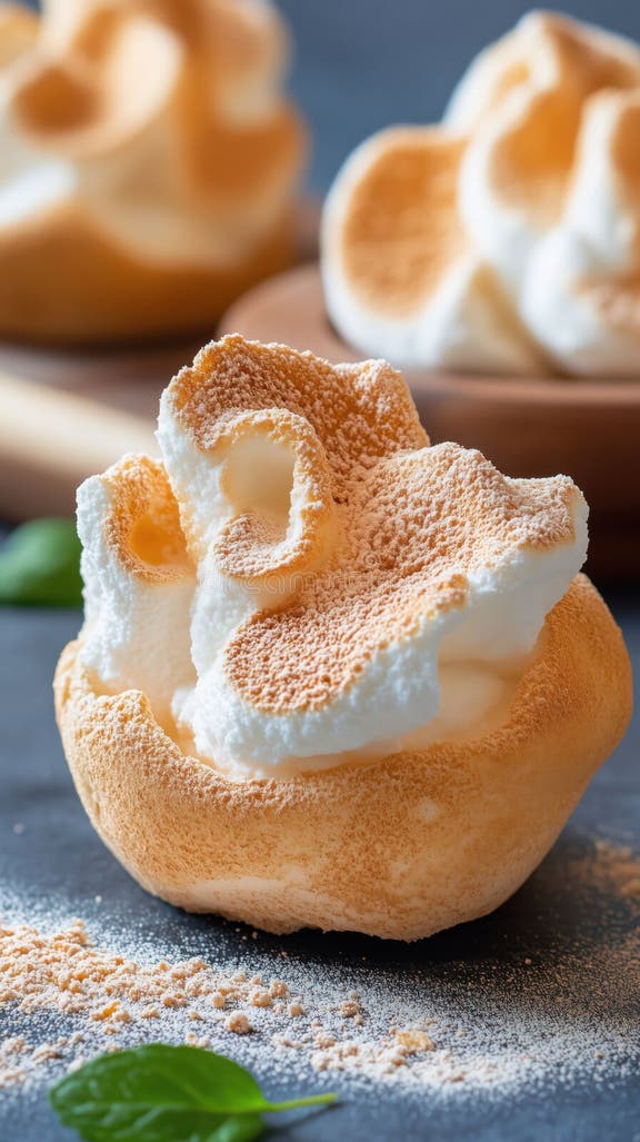 Crispy Golden Meringue with Delicate Airy Texture on Dark Surface Stock ...