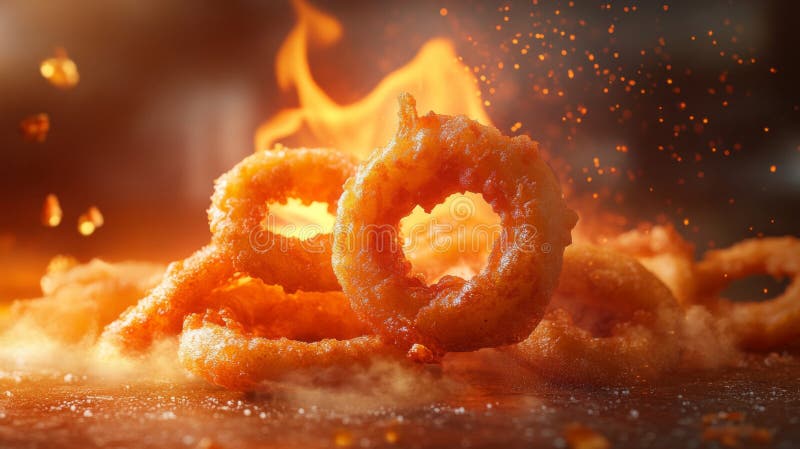 Crispy Golden Onion Rings in Flaming Pan Stock Illustration ...