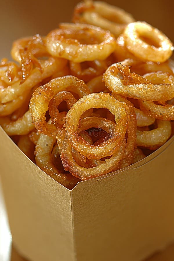 Crispy Golden Onion Rings Piled High and Overflowing from a Cardboard ...