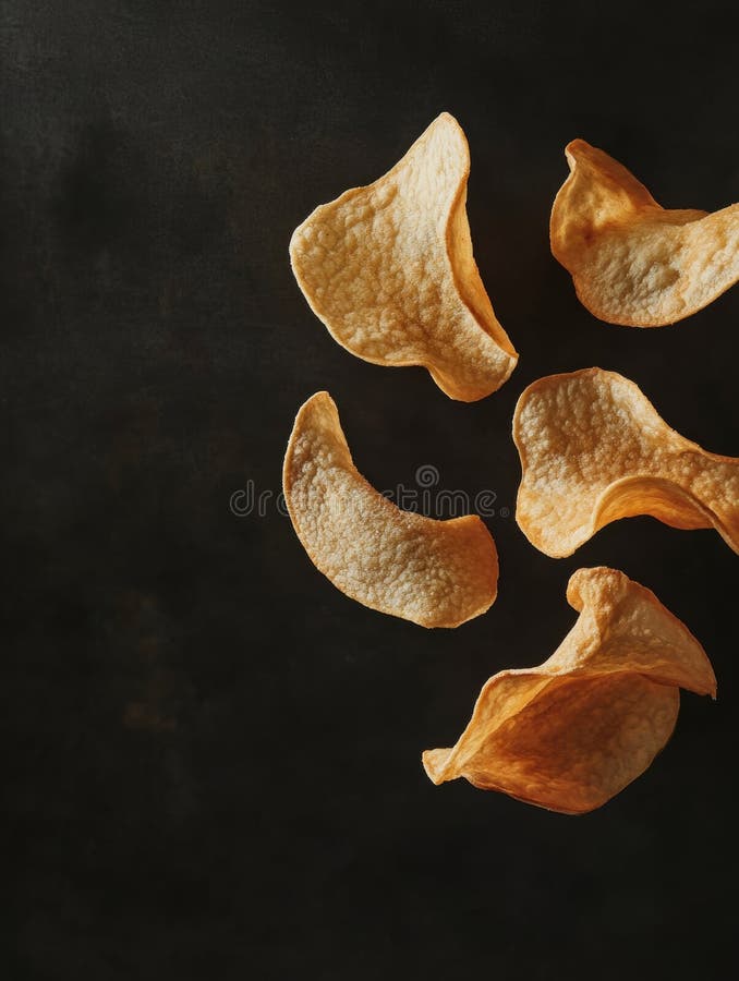 Crispy Golden Potato Chips Scattered on a Dark Surface Highlighting ...