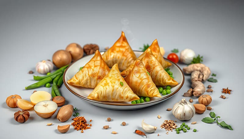 Crispy Golden Samosas Display with Fresh Vegetables and Bright Neutral ...