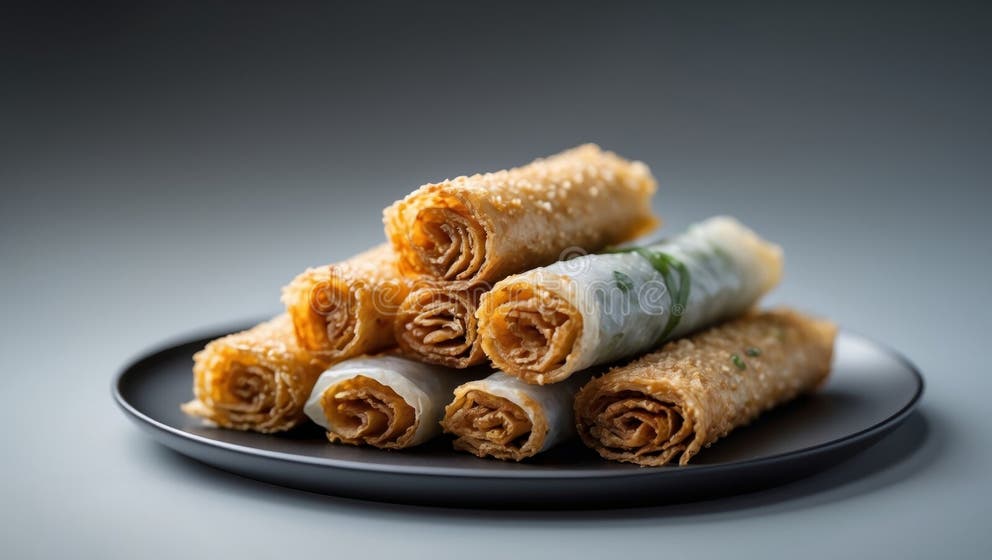 Crispy Golden Spring Rolls Close Up Presentation on Black Plate Stock ...