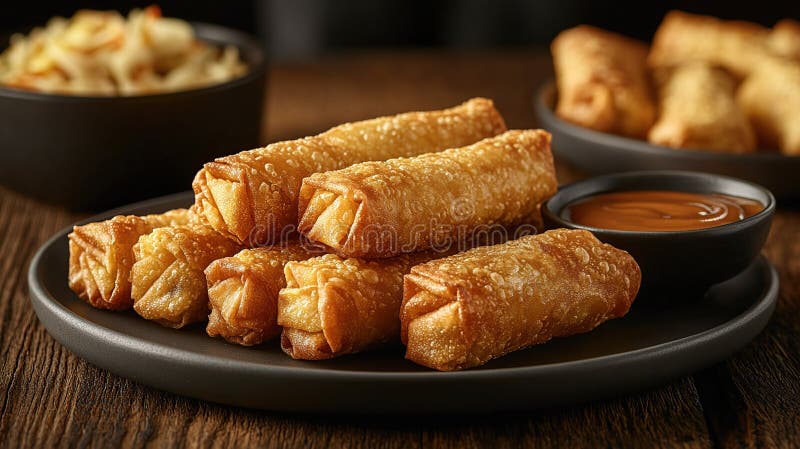 Crispy Golden Spring Rolls Served on a Dark Plate with Dipping Sauce ...