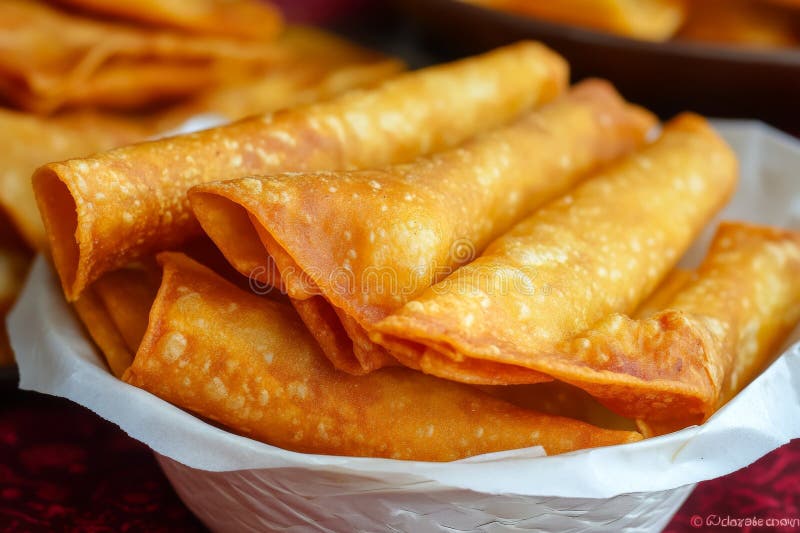 Crispy Golden Spring Rolls in a White Basket Stock Illustration ...