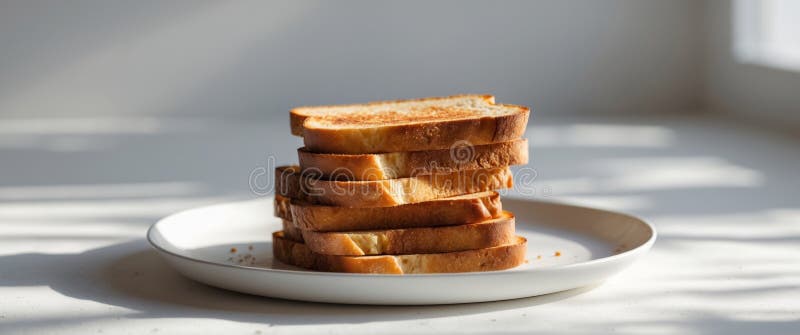 Crispy Golden Toasted Bread Slices Stack on Plate. Stock Photo - Image ...