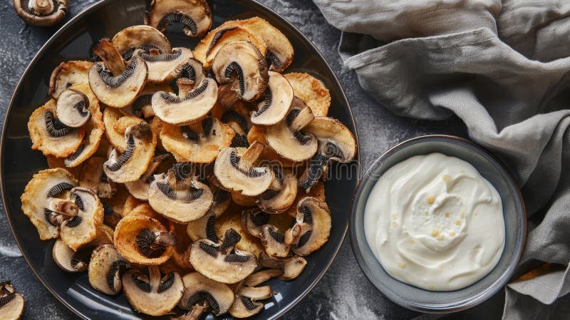 Crispy Homemade Mushroom Chips with Dip on Rustic Kitchen Counter Stock ...