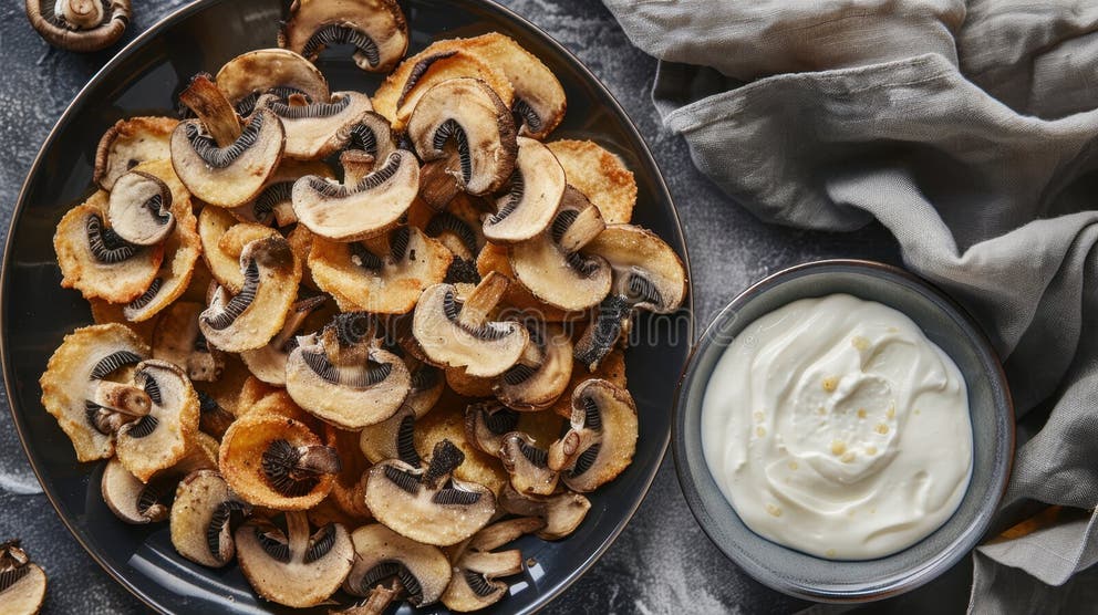 Crispy Homemade Mushroom Chips with Dip on Rustic Kitchen Counter Stock ...