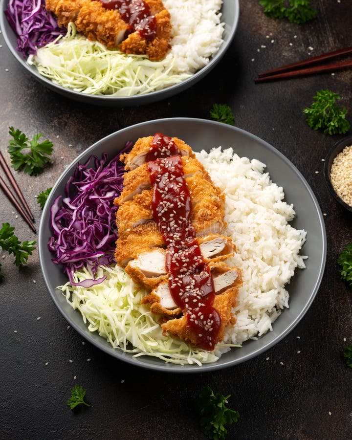 Crispy Katsu Chicken with Sauce, Rice and Cabbage. Stock Photo - Image ...