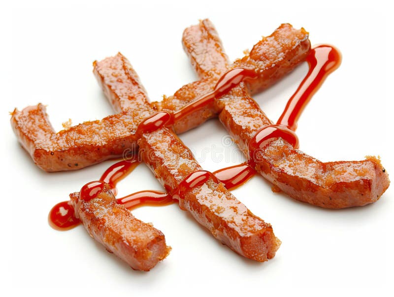 Crispy Meat Strips Arranged in a Hashtag Symbol on White Background ...