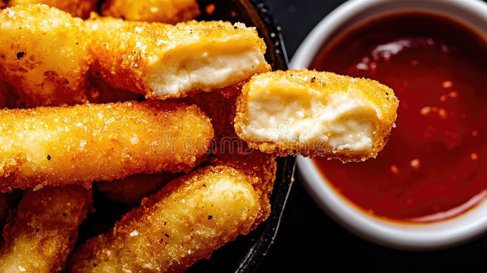 Crispy Mozzarella Sticks with Marinara Sauce on Black Background Stock ...