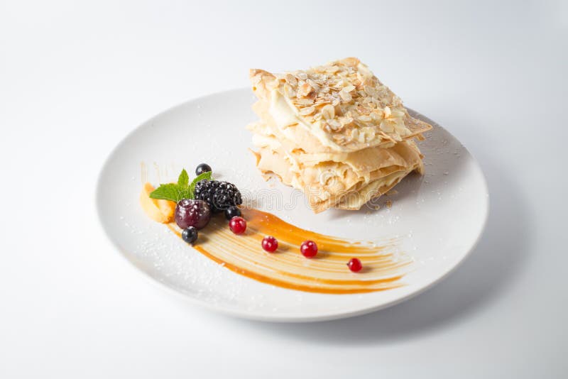Crispy Napoleon with Almond Chips and Berries and Mint Stock Image ...