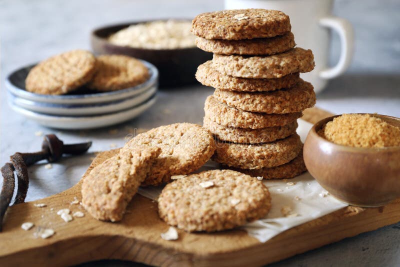 Crispy Oatmeal Cookies with Unrefined Brown Sugar and Cup of Coffee ...