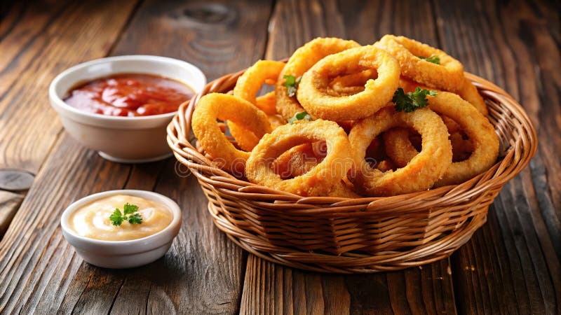 Crispy Delights: Onion Rings with Dipping Sauce in a Rustic Basket - AI ...