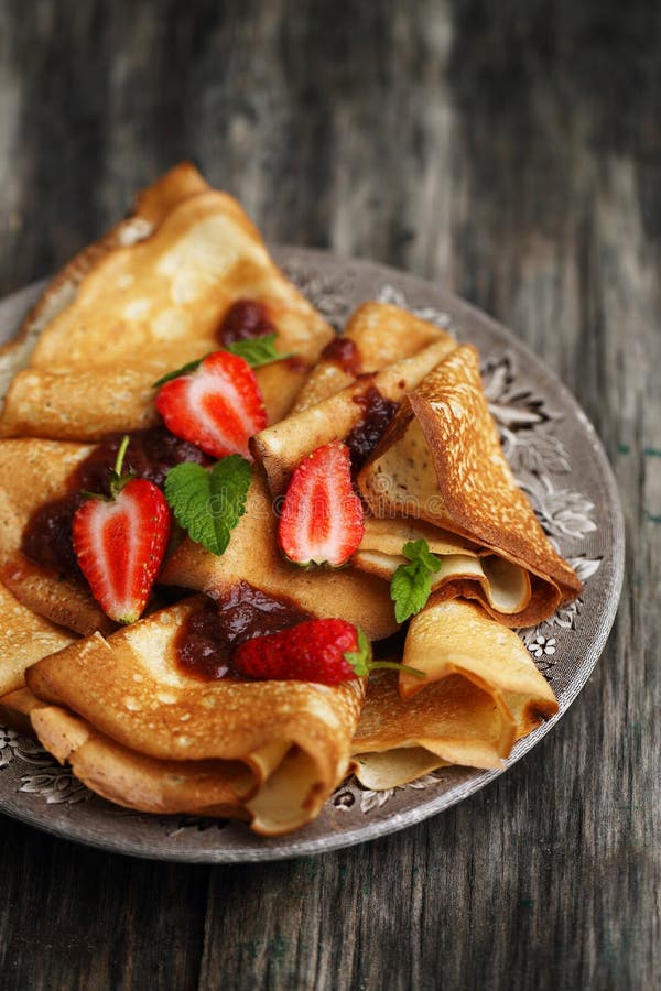 Crispy Pancakes with Strawberries Stock Image - Image of fruit, berries ...