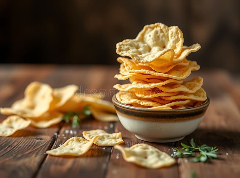 Crispy Papadum Stack in Bowl on Rustic Wood Table Ai Generated Stock ...
