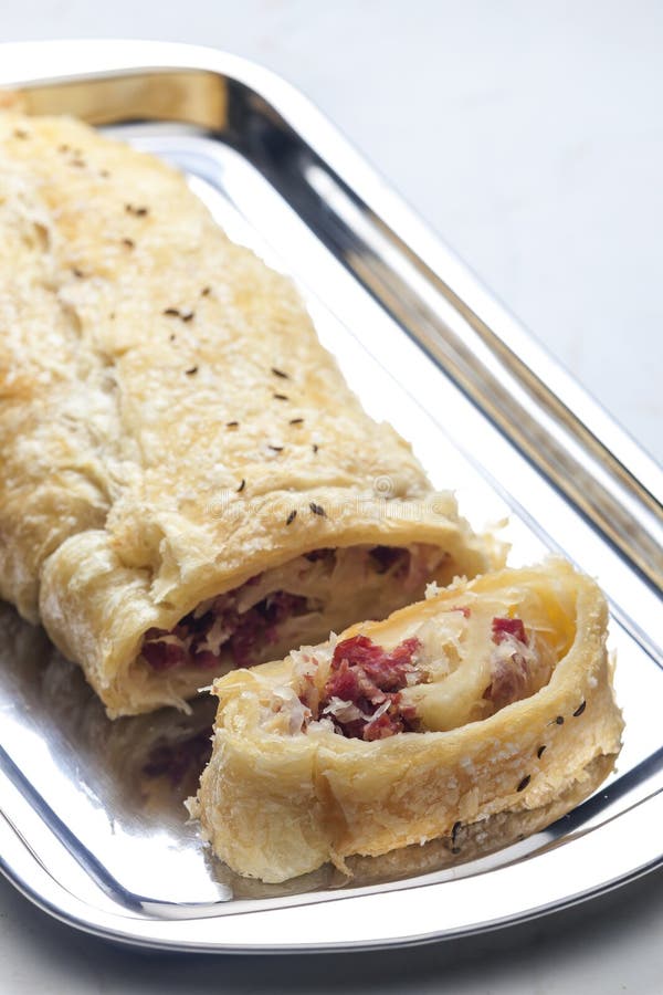 Crispy Pastry Filled with Smoked Meat and Sour Cabbage Stock Photo ...