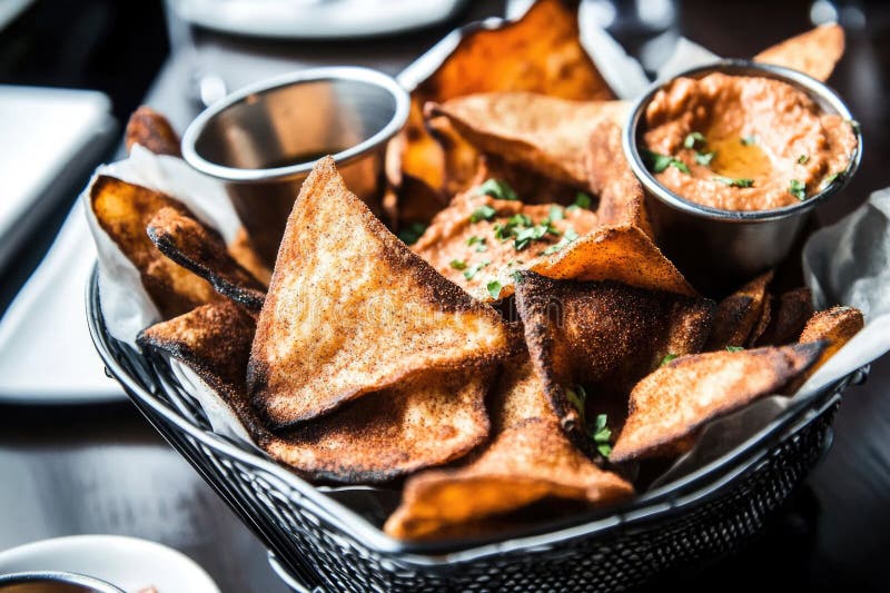 Crispy Pita Chips with Two Creamy Dips in a Wire Basket Stock Image ...