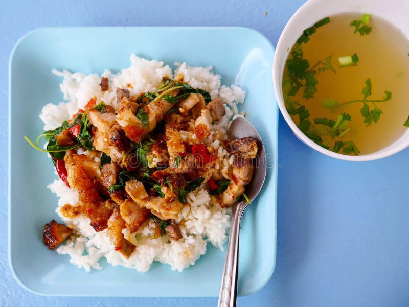 Crispy Pork with Basil Fired Rice & Soup Stock Image - Image of basil ...