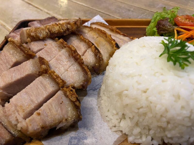 Crispy Pork Belly Grilled with Rice Stock Image - Image of cookery ...