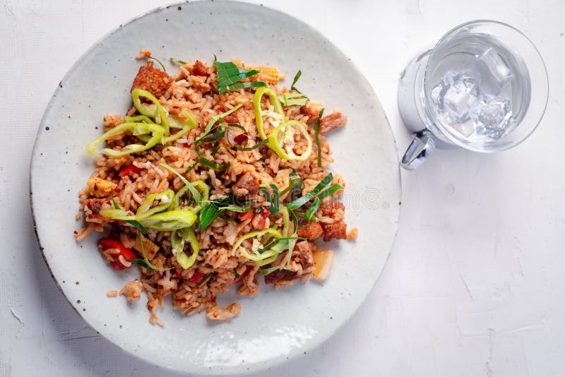 Crispy Pork Fried Rice with Chili Paste Stock Photo - Image of lemon ...