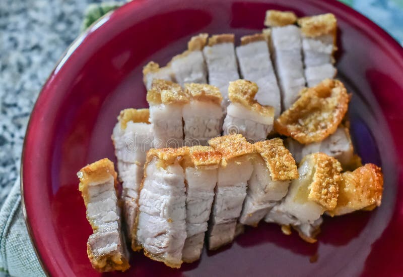 Crispy pork in red dish stock photo. Image of food, unhealthy - 91475848