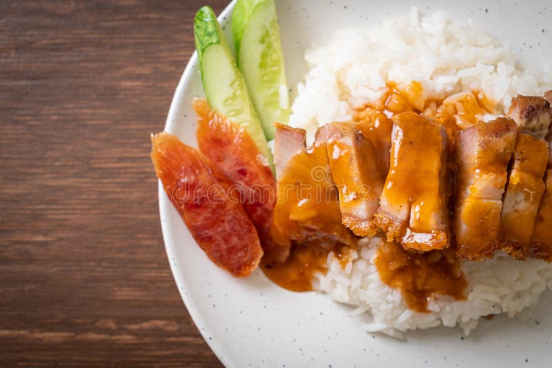 Crispy Pork on Rice with Barbecue Sauce Stock Image - Image of roast ...