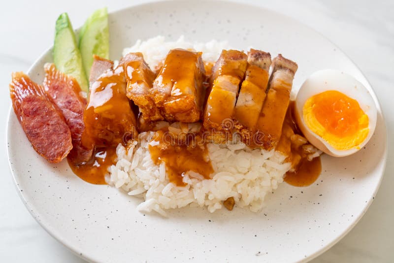 Crispy Pork on Rice with Barbecue Sauce Stock Image - Image of food ...