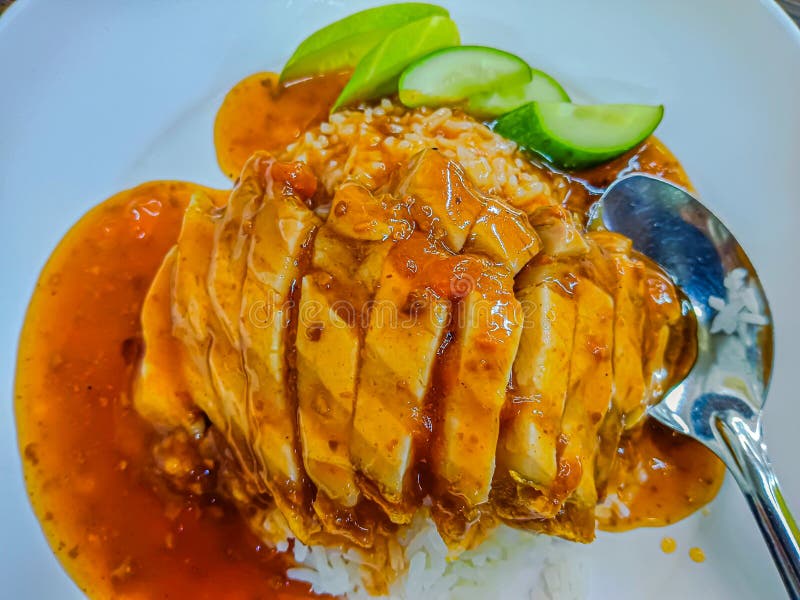 Crispy Pork with Rice and Sauce, Thai Style Stock Photo - Image of ...